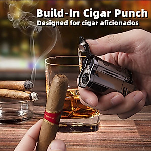 Castelar Cigar Torch Lighter Triple Jet Flame Butane Refillable with Cigar Punch Rest Holder - Butane Not Included