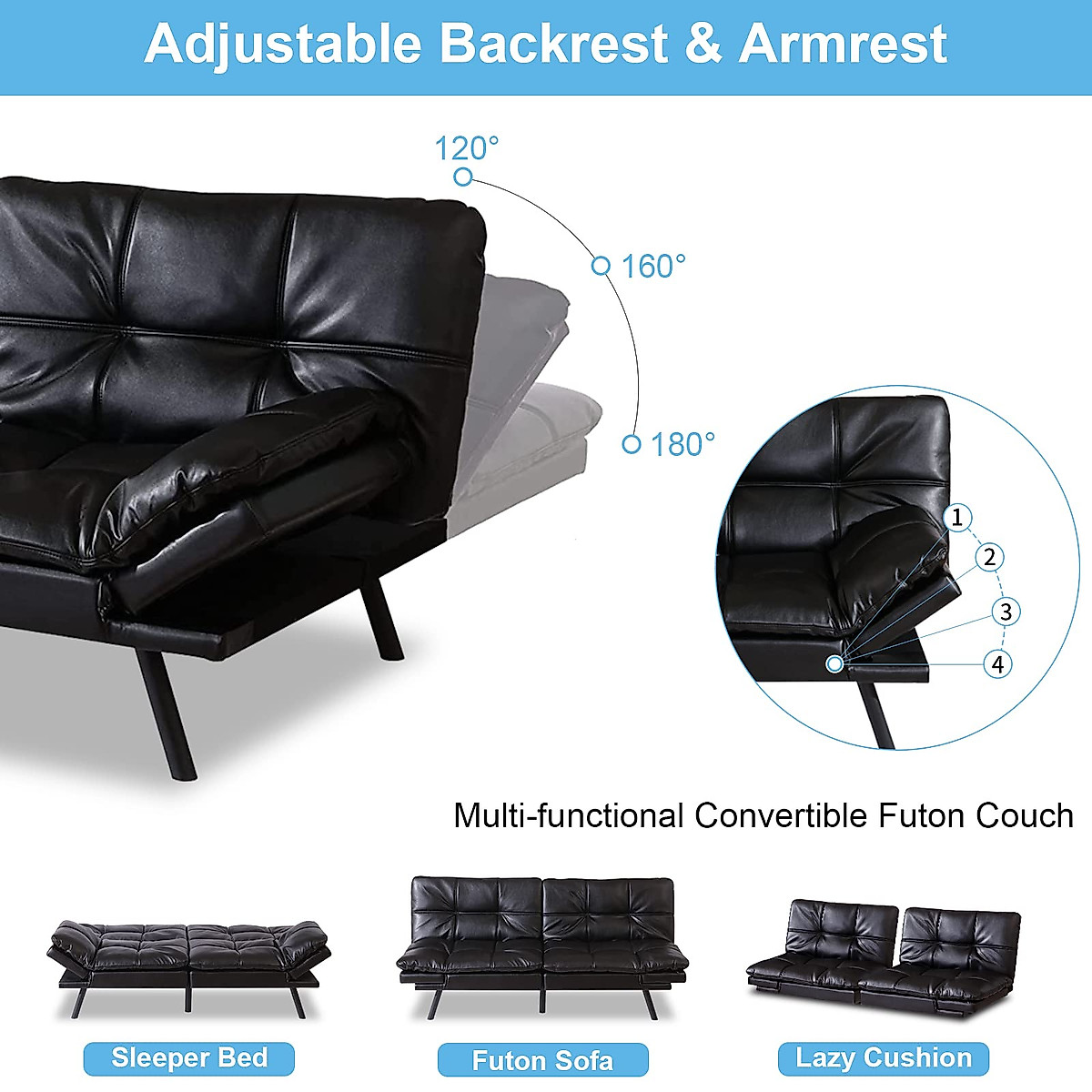 MUUEGM Futon Sofa Bed Faux Leather Futon Convertible Sofa Futon Couch Bed,Memory Foam Futon Sleeper Sofa Bed,Modern Loveseat Sofa,Adjustable Armrest&Backrest Futon Sets for Living Room,Offices,Black