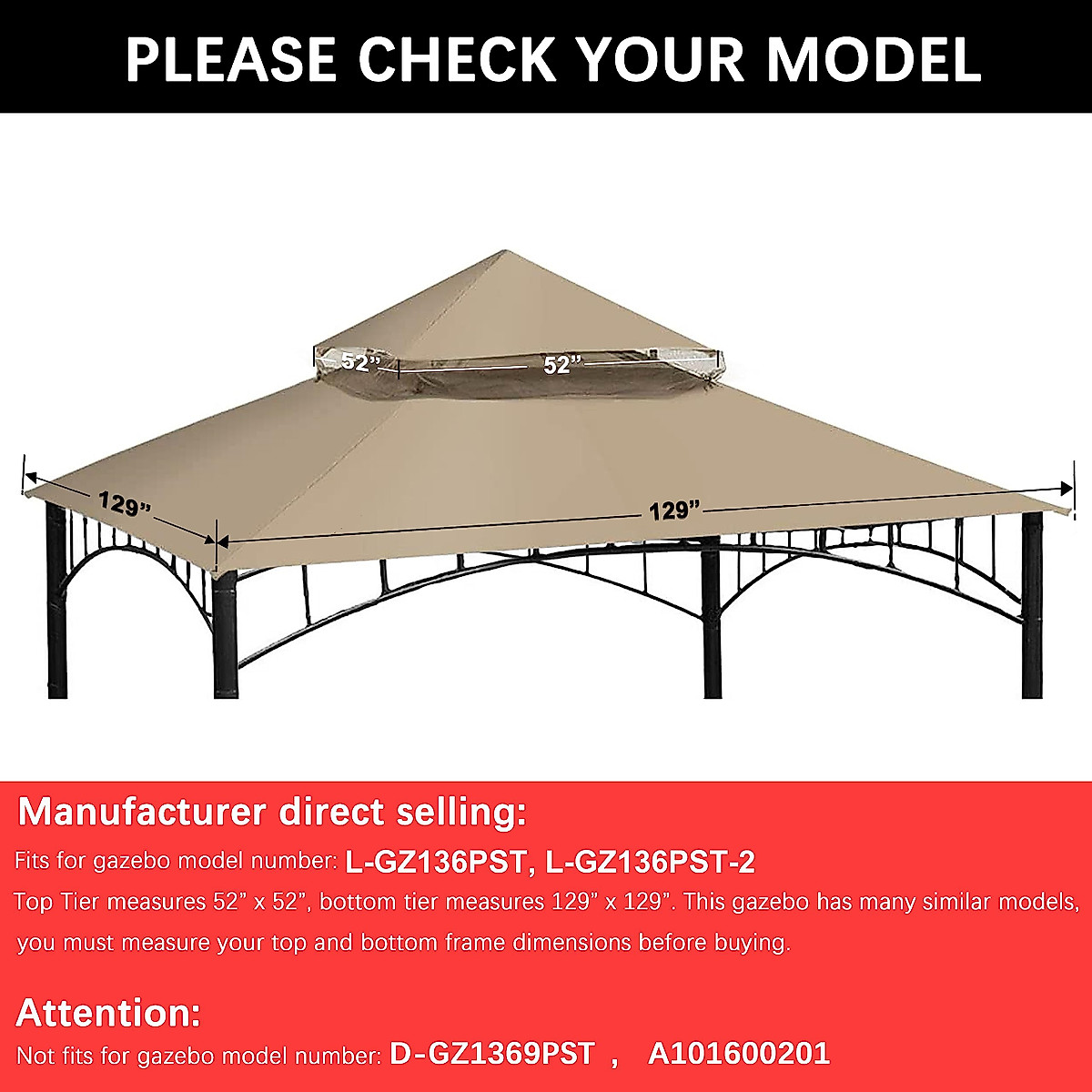 SCOCANOPY Replacement roof for Target Madaga Gazebo Model L-GZ136PST,Beige