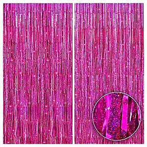 KatchOn, Iridescent Hot Pink Backdrop Curtain - Large 3.2x8 Feet, Pack of 2 | Pink Backdrop Fringe Curtain for Pink Birthday Decorations | Hot Pink Foil Fringe Curtain for Pink Party Decorations