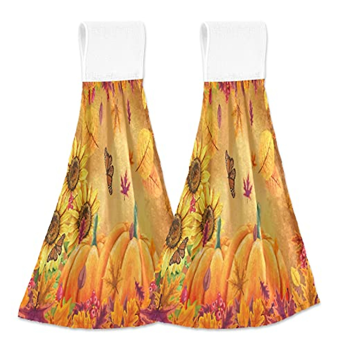 Sunflower Butterfly Pumpkin Hanging Kitchen Towels 2 Pack Dish Cloth Tie Towel, Autumn Fall Maple Leaves Absorbent Soft Hand Towels with Hanging Loop for Bathroom Farmhouse Bar Tabletop Home Decor