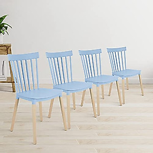 Simpol Home DSW Armless Modern Plastic Chairs with Wood Legs for Living, Bedroom, Kitchen, Dining,Lounge Waiting Room, Restaurants, Cafes, Set of 4, Blue Light