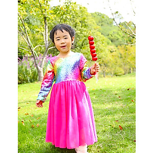 Cilucu Flower Girl Dress Sequin Dress Baby Toddler Long Sleeve Dress Tutu Kids Party Birthday Christmas New Year Dress Rainbow Hot Pink 4T-5T