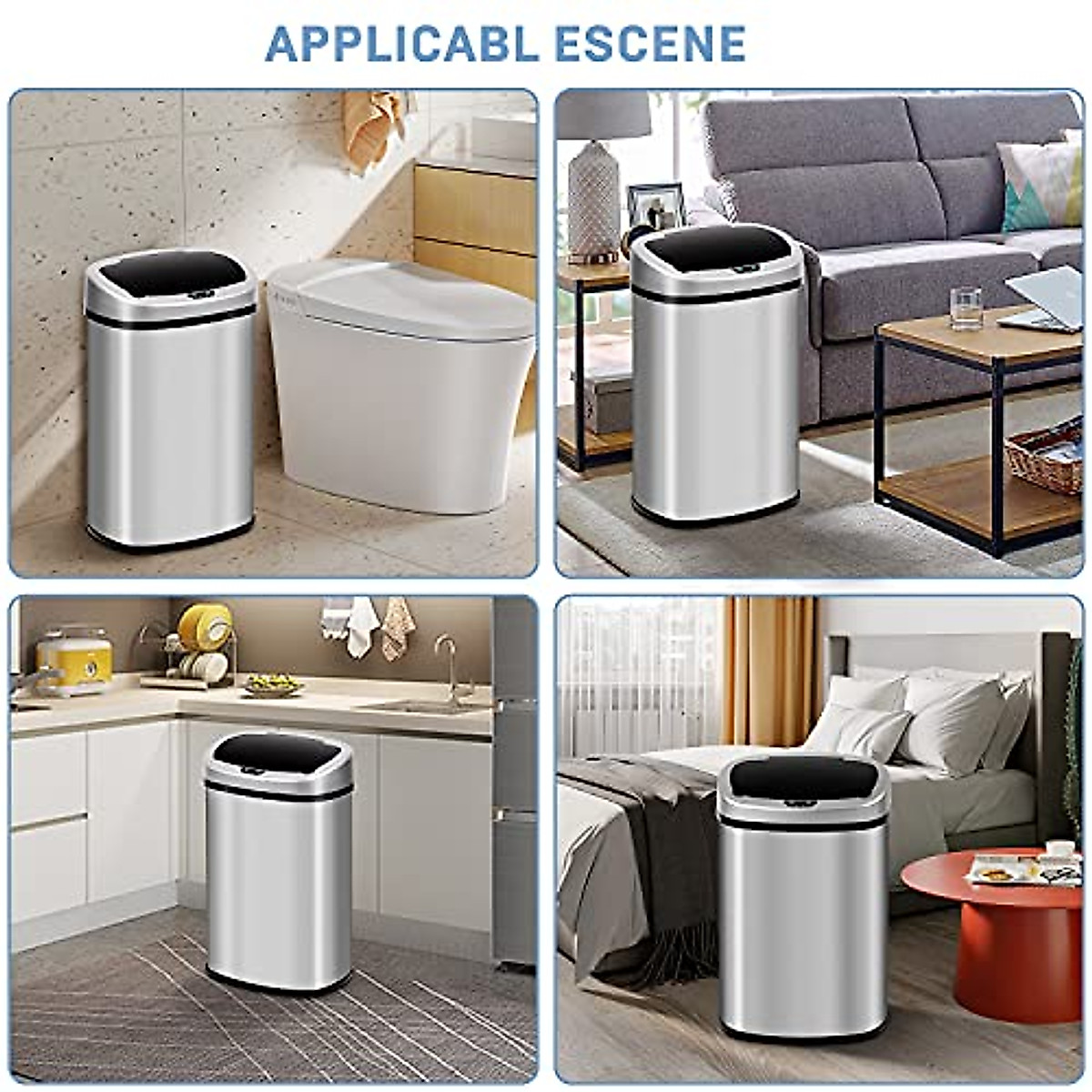 Bigacc 13 Gallon 50 Liter Kitchen Trash Can with Touch-Free & Motion Sensor, Automatic Stainless-Steel Garbage Can, Anti-Fingerprint Mute Designed Trash Bin Trash Can for Office Bedroom, Silver