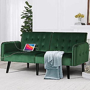 TYBOATLE 65" W Velvet Modern Convertible Folding Futon Couch Sofa Bed w/ 2 USB Charging Ports and arms, Loveseat for Compact Living Space, Dorm, Game Studio, Bonus Room, Apartment, Bedroom (Green)