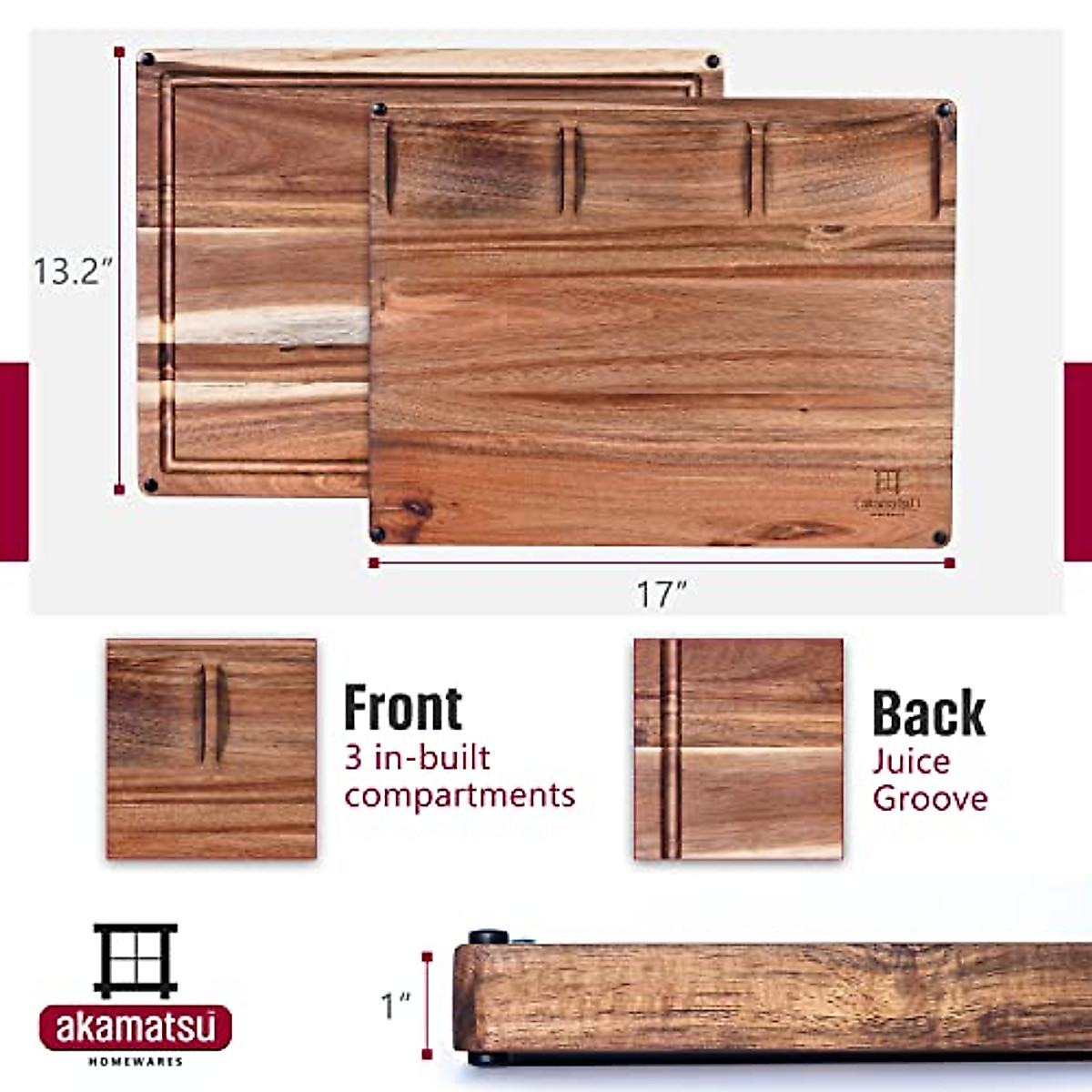 AKAMATSU HOMEWARES | RYOKAN Acacia Wood Cutting Board | Edge Grain XL Cutting Board with Deep Juice Well | 17x13.2x1" Charcuterie Board Serving Platter with Sorting Compartments | Sustainable Gift Box