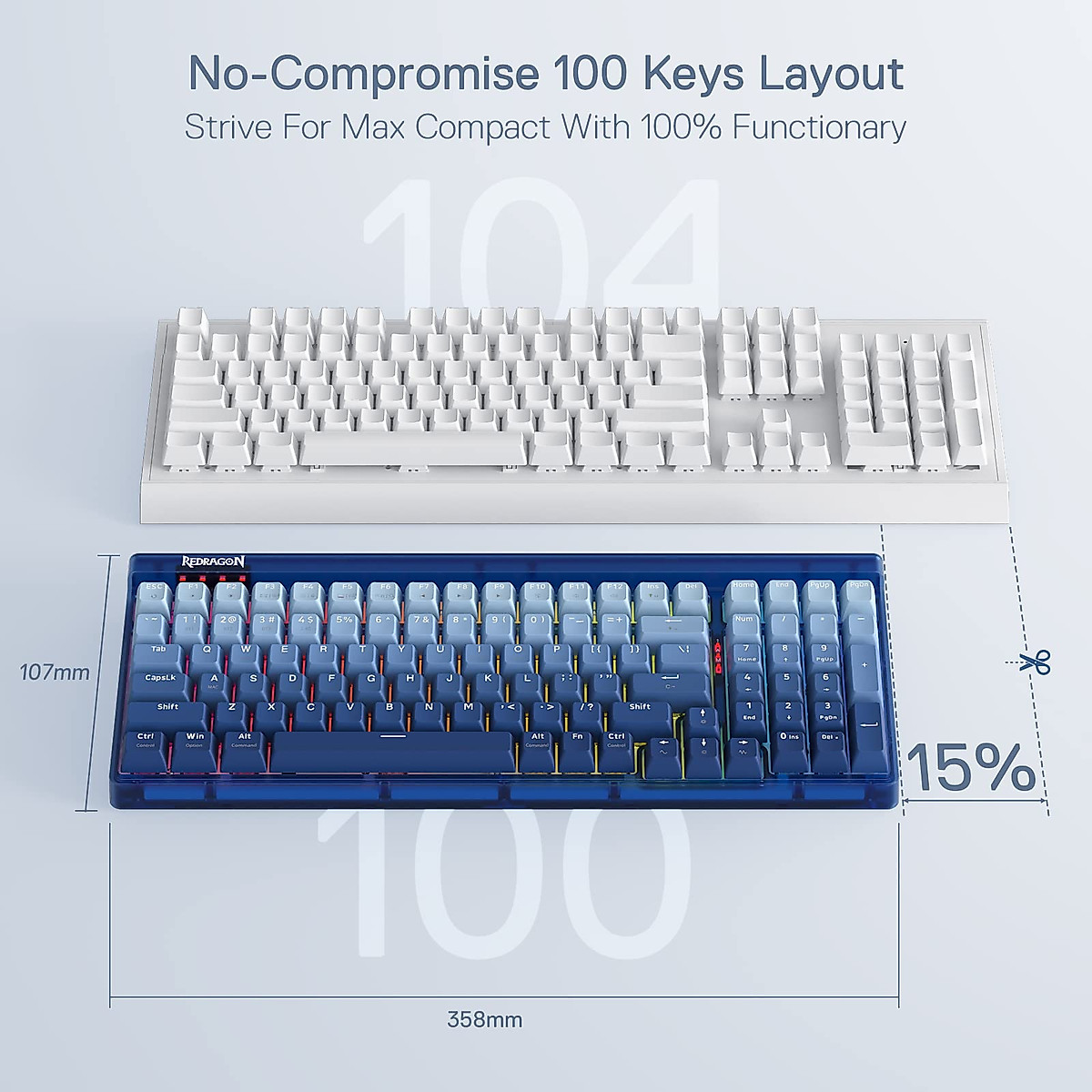 Redragon K656 PRO 3-Mode Wireless RGB Gaming Keyboard, 100 Keys Mechanical Keyboard w/Translucent Board, Hot-Swappable Socket, Sound Absorbing Foam & Custom Tactile Switch, Gradient BlueMade