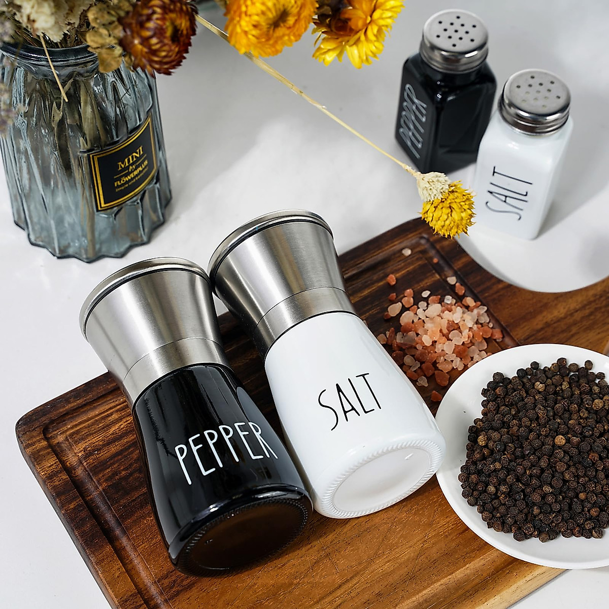 2PCS Salt and Pepper Grinder Set, Black and White Original Salt and Pepper Grinder Set - Adjustable Sea Salt Grinder & Pepper Grinder - Stainless Steel & Glass Salt and Pepper Shakers 2pack