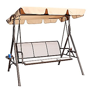 GOLDSUN 3 Person Outdoor Weather Resistant Patio Glider Swing Hammock Chair w/ Utility Tray & Sunshade Canopy for Patio, Garden, Deck, or Pool, Taupe