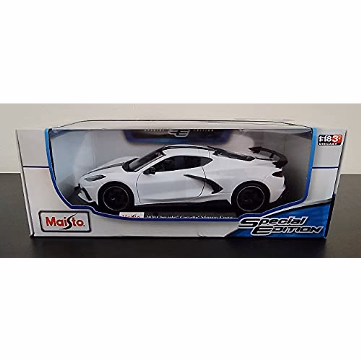 Maisto Diecast Cars 2020 Chevy Corvette Stingray C8 Coupe with High Wing White with Black Stripes 118 Diecast Model Car by 31455