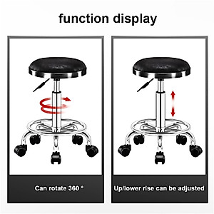 JHKZUDG PU Leather Round Rolling Stool,Esthetician Chair/Tattoo Stool Shop Stools with Wheels,with 360° Swivel and Height Adjustment,for Spa/Salon/Tattoo Work,Black
