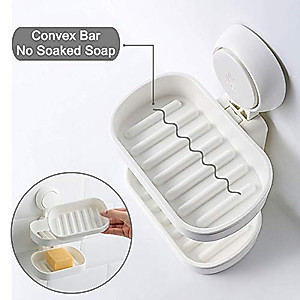Elebac Double Layer Soap Dished Holder Suction Cup, Soap Bar Holder with Drainage Design for Soap Saver, Wall Mounted Soap Tray for Bathroom Shower, Reusable, Removable, Waterproof, Plastic, White