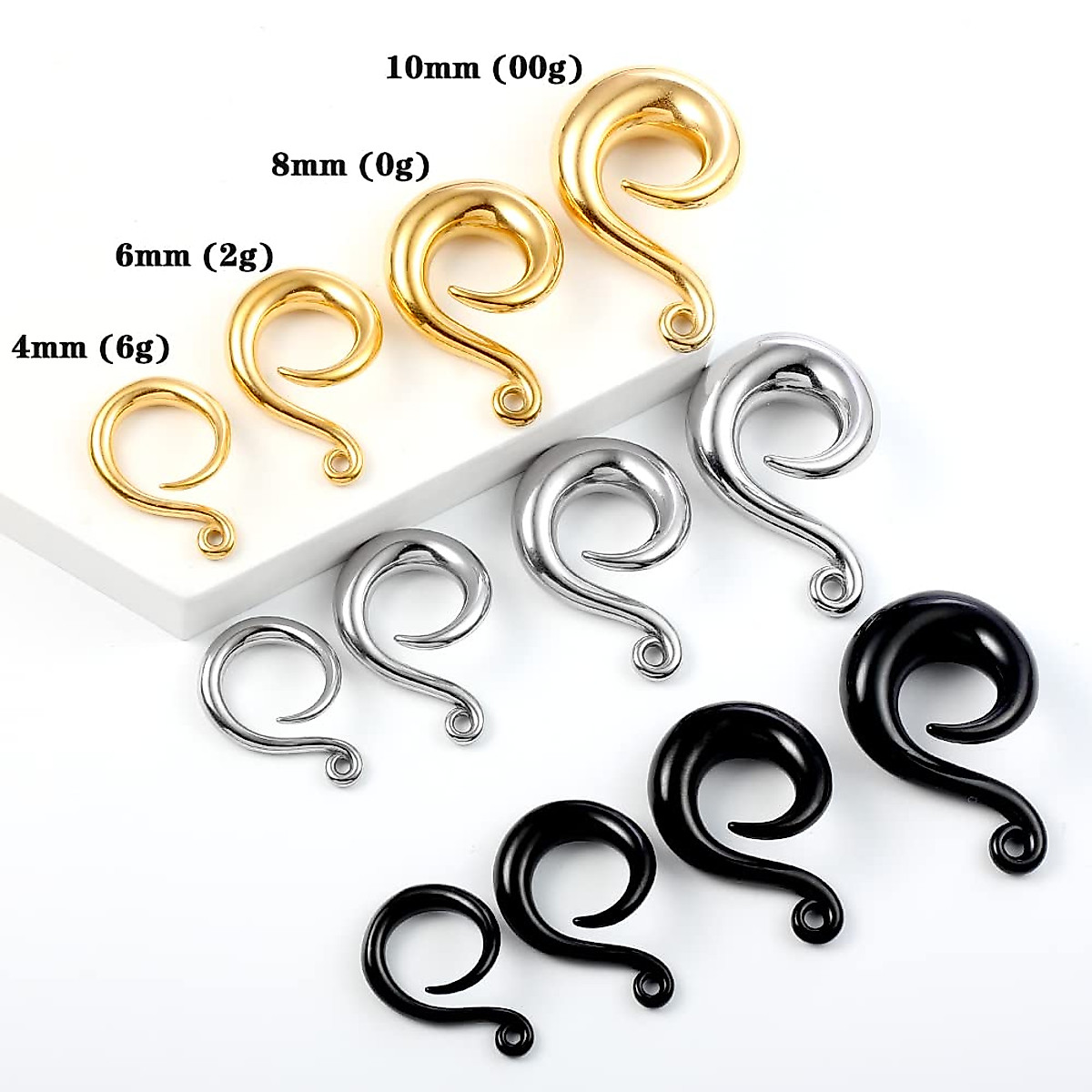 Casvort 6 PCS 8mm (0g) Hypoallergenic 316 Stainless Steel Trendy Silver Gold Black Ear Piercing Hook Plugs Ear Tunnels Gauges for Weights Hook Hangers DIY Body Jewelry