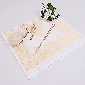 Islamic Elite Favors Personalized Muslim Lightweight Travel Prayer Rug Beads Set, Prayer Mat Tasbeeh Set, Ramadan Eid Hajj Umrah Wedding Birthday Graduation Mother's Day (Gold)