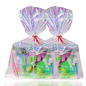Ctoiotc Cellophane Bags,Cellophane Treat Bags, Iridescent Holographic Candy Bags, Clear Goodie Bags with 5 Colors Pieces Twist Ties for Birthday Party Favors, Easter, Weddings