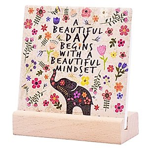Inspirational Quotes Desk Decor Gifts For Women Girls Friends-Motivational Sign Ceramic Plaque With Wooden Stand-Cheer Up Gifts For Friends Women (beautiful day)
