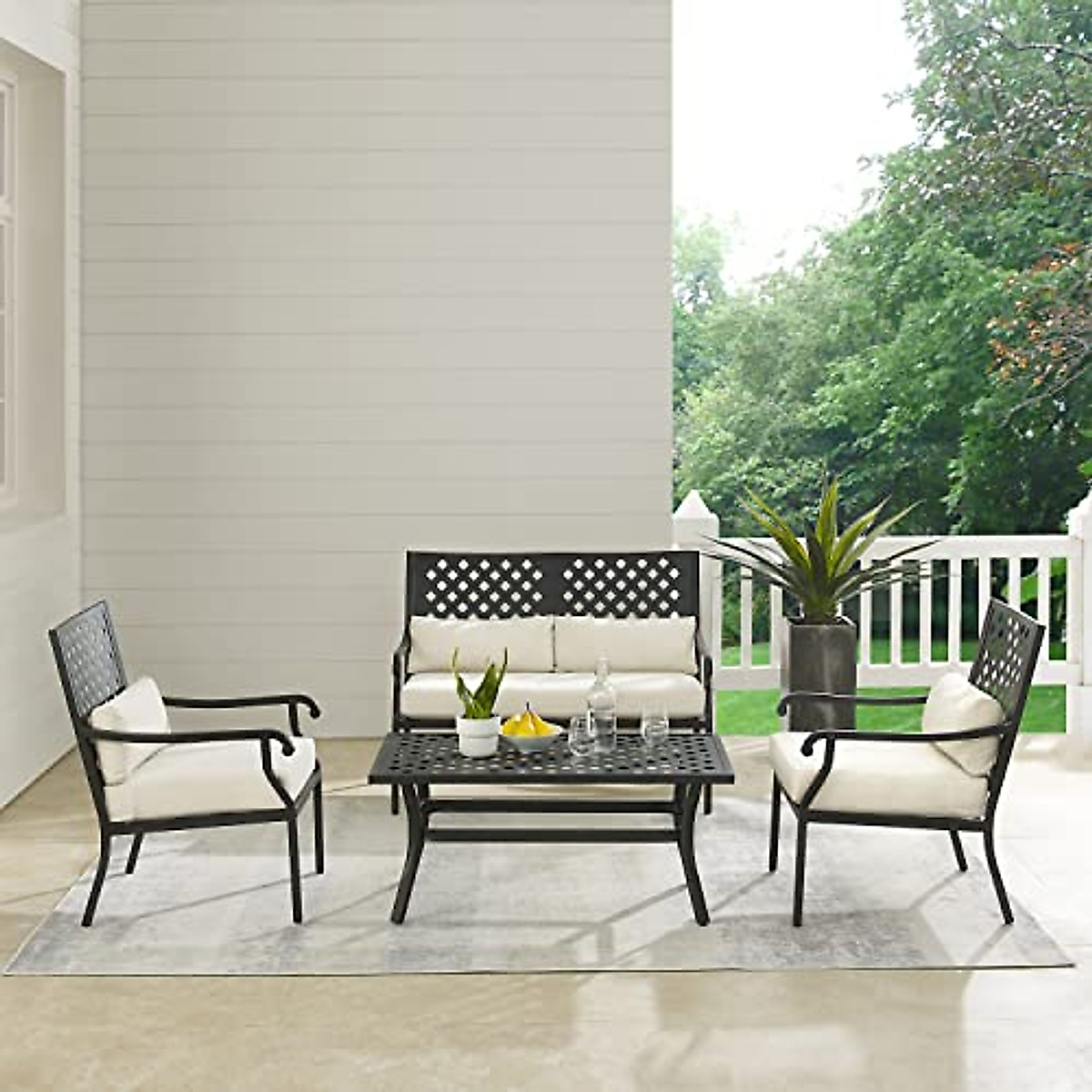 Crosley Furniture Alistair 4-Piece Outdoor Loveseat Patio Furniture Set, Conversation Sets for Porch, Deck, Matte Black with Creme Cushions