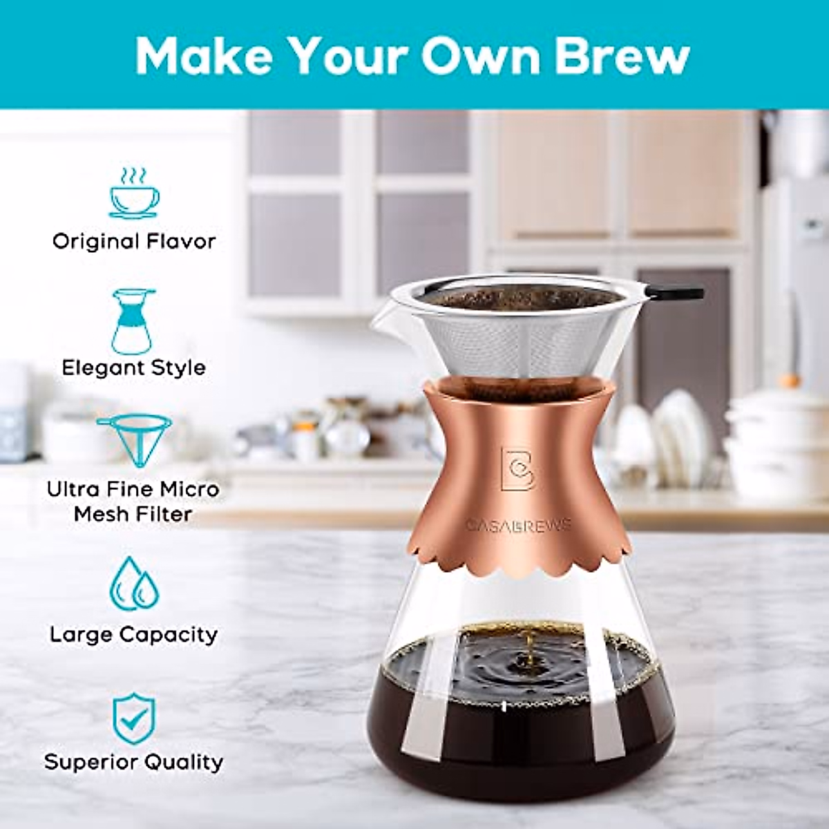 CASABREWS Pour Over Coffee Maker, Coffee Dripper Brewer with Reusable Double-layer Stainless Steel Filter, 34oz Heat Resistant Glass Coffee Pot, Elegant Coffee Carafe, Gift for Dad or Mom, Rose Gold