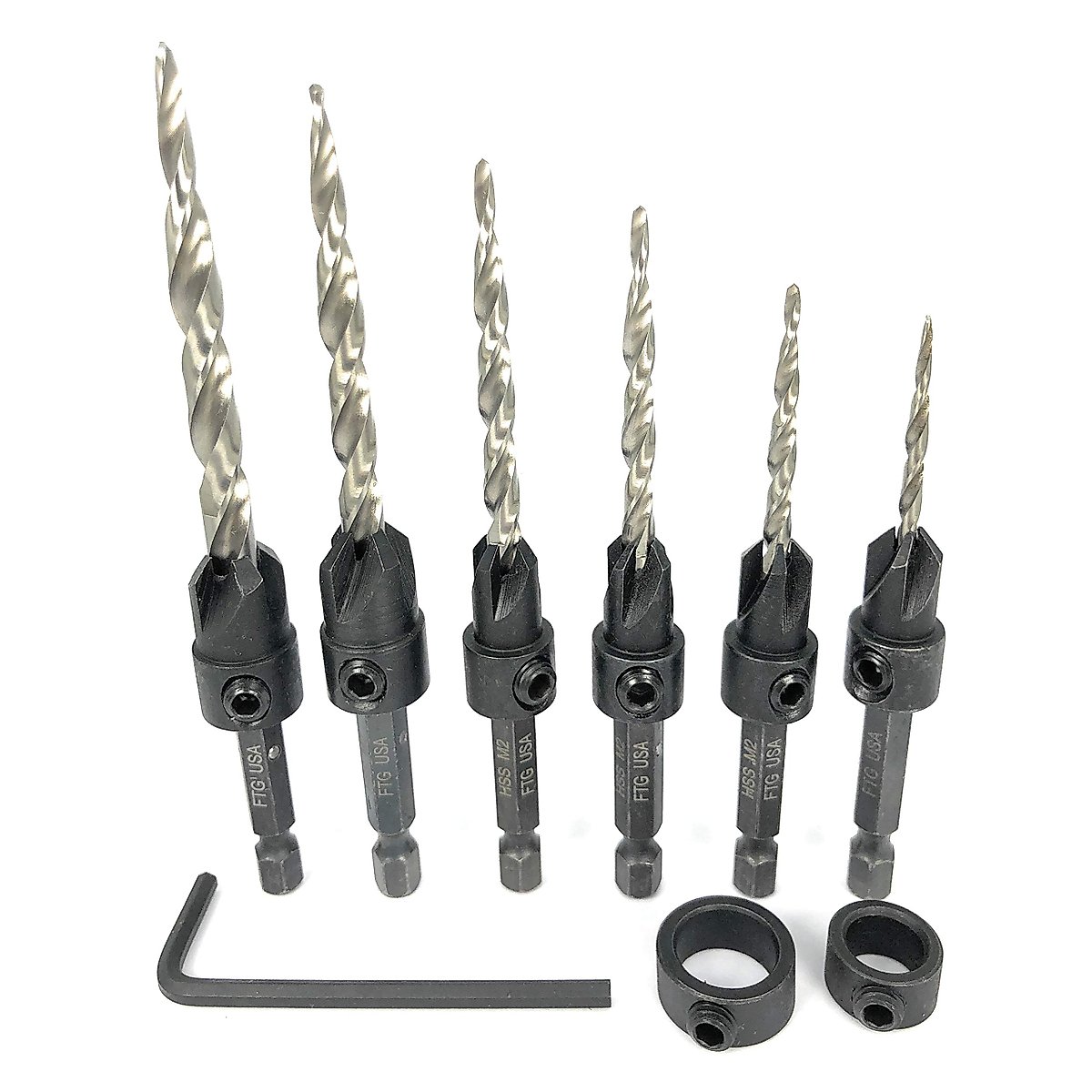 FTG USA Wood Countersink Drill Bit Set 6 Sizes Set with 6 Storage Containers for Countersink HSS M2 Tapered Drill Bits, Quick Change Hex Shank Countersink bit, 2 Stop Collar, 1 Allen Wrench