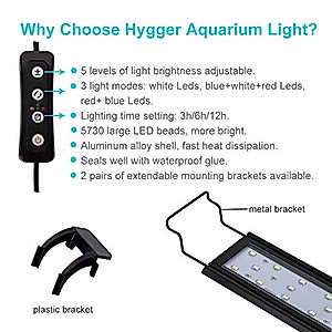 hygger 14W Full Spectrum Aquarium Light with Aluminum Alloy Shell Extendable Brackets, White Blue Red LEDs, External Controller, for Freshwater Fish Tank (18-24 inch)