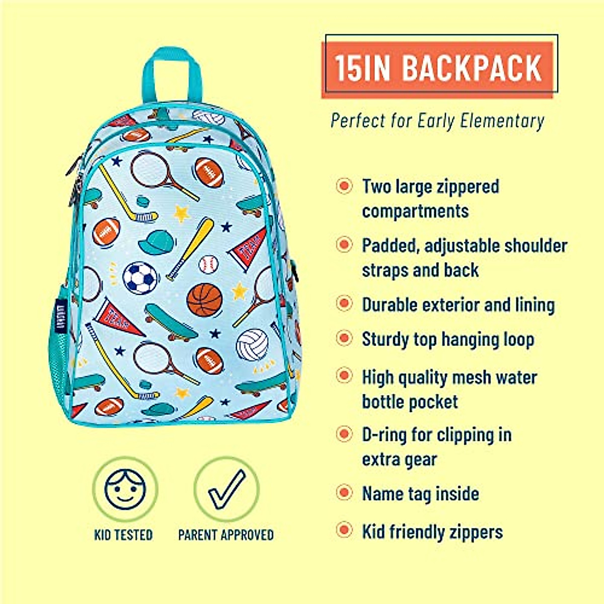 Wildkin 15-Inch Kids Backpack for Boys & Girls, Perfect for Early Elementary, Backpack for Kids Features Padded Back & Adjustable Strap, Ideal for School & Travel Backpacks (Team Spirit)