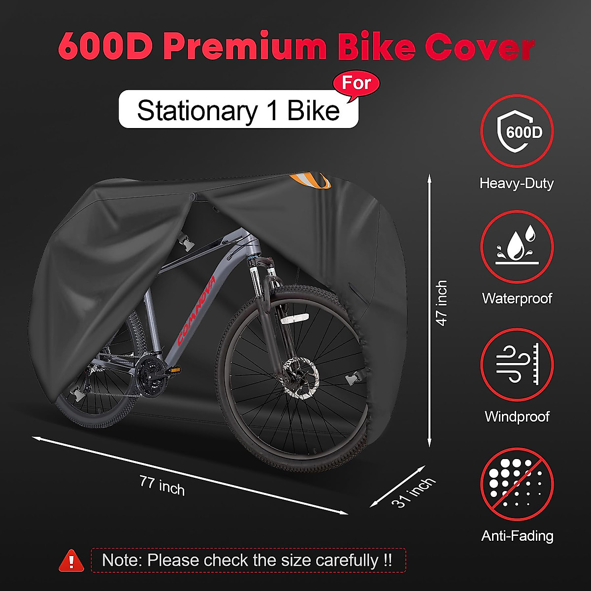 Comnova Bike Cover for 1 Bike - Outdoor Bike Cover for Stationary 1 Bike Waterproof Heavy Duty, 600D Bicycle Covers for Single eBike, Mountain Bike, Road Bike, Hybrid Bike, Beach Cruiser Bike Storage