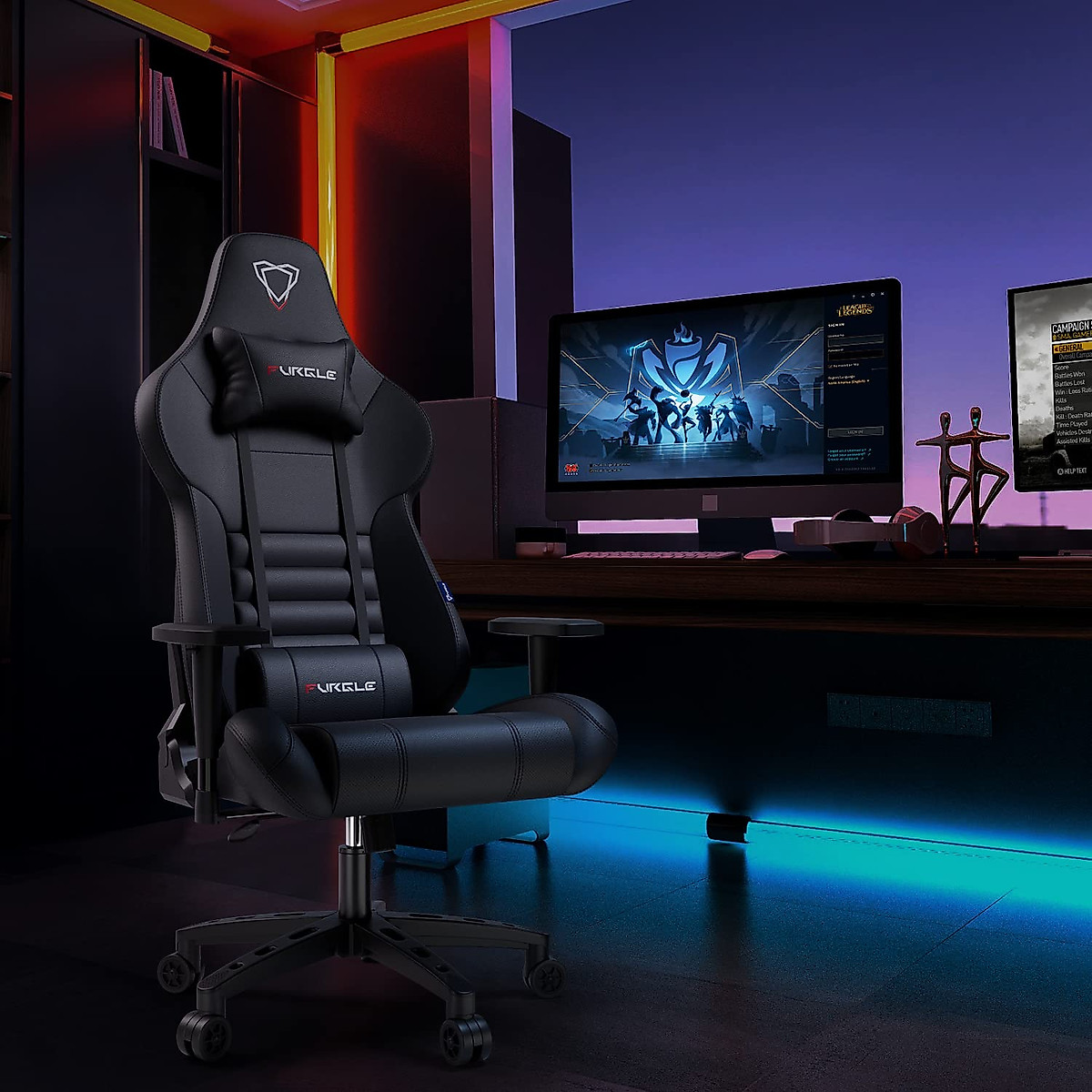 Gaming Chair - Furgle Computer Chair - Racing Style High-Back Office Chair - PU Leather Ergonomic Video Game Chairs for Adults - Adjustable Armrests - Headrest and Lumbar Support - Rocking Mode -Black