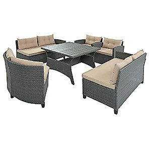 6-Piece Outdoor PE Wicker Sofa Sectional Sofa Set, Patio Rattan Dinning Set, All Weather Conversation Set with Thick Cushions and Pillows for Garden Lawn, Backyard, Poolside (Gray+Beige Cushion)