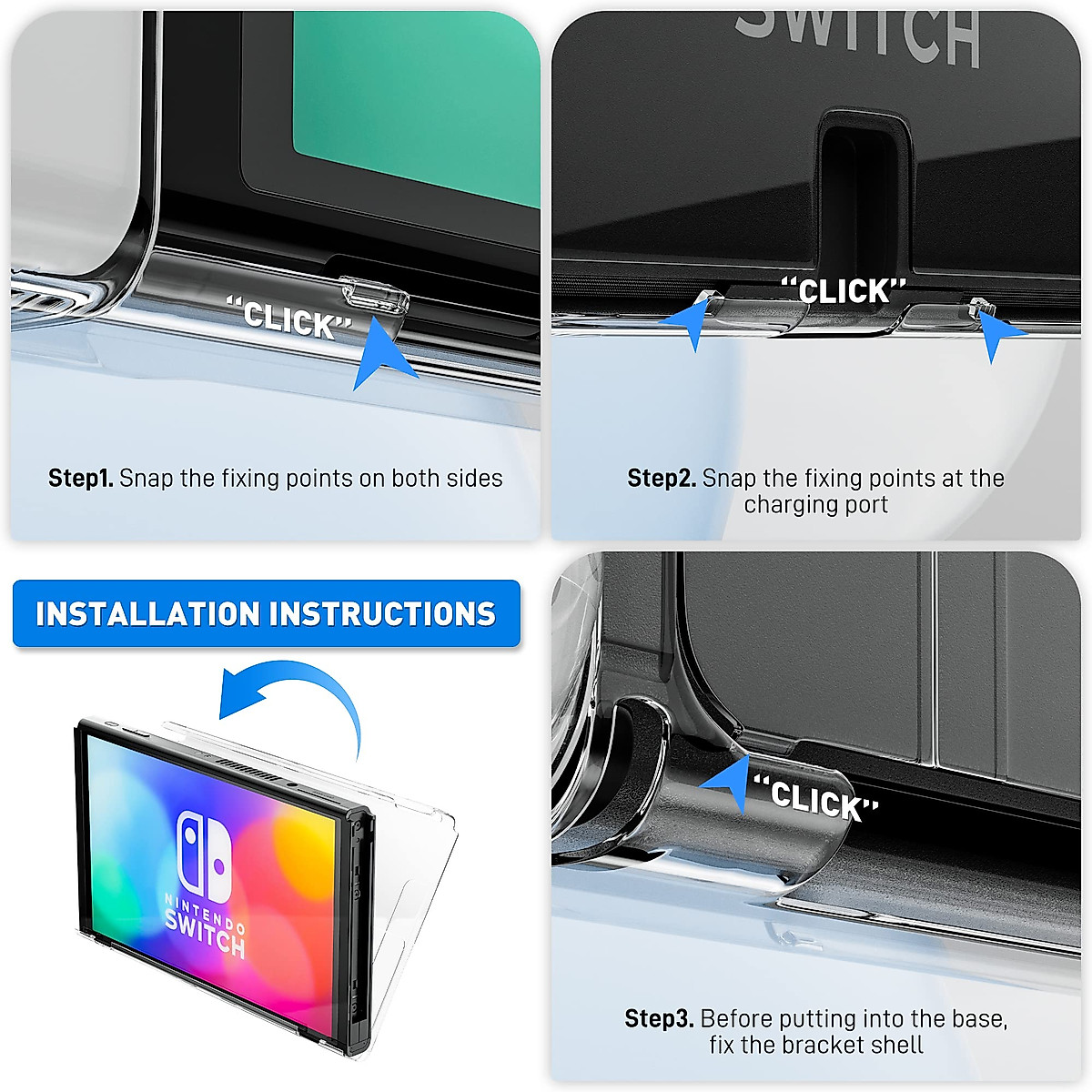 RHOTALL Clear Protective Case Compatible with Nintendo Switch OLED, Dockable Hard Shell for Switch OLED Console, Soft Cover with Comfortable Grip Design for Joycon Controller