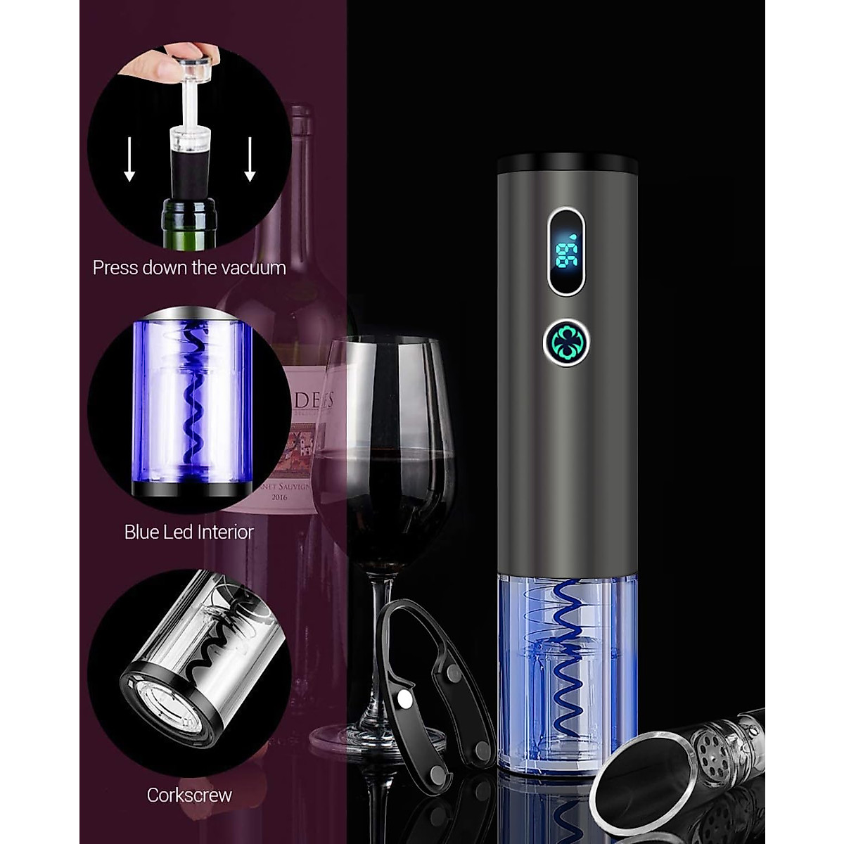 Electric Wine Opener, Higfra Wine Gift Set with Wine Aerator Pourer Vacuum Stoppers and Foil Cutter 4-in-1 Electric Bottle Opener for Home Party Bar Outdoor Wine Lover Christmas Gift-Base Not Included