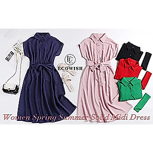 ECOWISH Womens Casual Midi Dresses Solid V Neck Short Sleeve Shirt Dress with Pockets for Spring Summer 2023 Green L