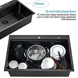 33x22 Black Drop In Kitchen Sink Workstation-WMXQX 33 Inch Drop In Kitchen Sink Black Top Mount Sinks 16 Gauge Stainless Steel Single Bowl Deep Kitchen Sink with Cutting Board
