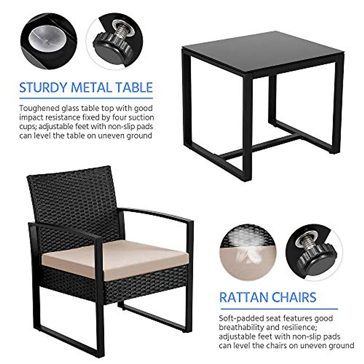 Yaheetech 3 Pieces Patio Porch Furniture Sets Outdoor Garden Furniture Sets Modern PE Rattan Wicker Chairs with Washable Cushion & Tempered Glass Tabletop Coffee Table Black/Beige