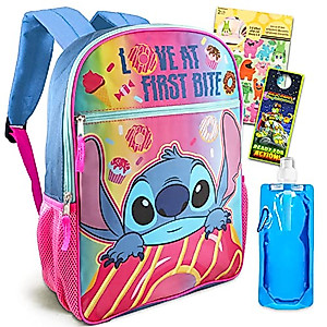 Disney Lilo and Stitch Backpack Set for Kids - 4 Pc School Supplies Bundle with Stitch Backpack for Girls, Monster Stickers, Water Pouch, and More (Stitch School Backpack Bag)