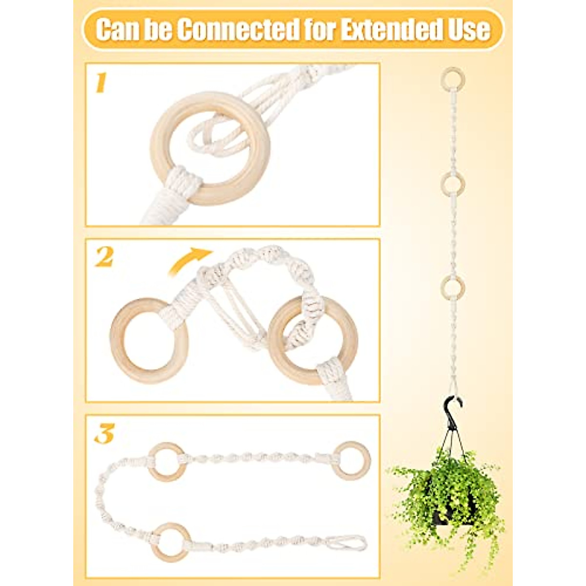 6 Pack Connectable Macrame Plant Hanging Extenders- Durable Rope Plant Hanger Extender with Wooden Ring Handmade Woven Plant Basket Extender for Indoor Outdoor Plant Pot Holder Home Decoration (Beige)