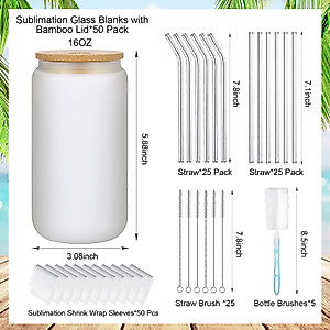 Tessco 50 Pack 16oz Sublimation Glass Blanks Frosted with Bamboo Lid Sublimation Beer Can Shaped Glass Wide Glass Cups Mugs Drinking Frosted Glass Tumbler with Straw, Sponge Brush, Straw Brush
