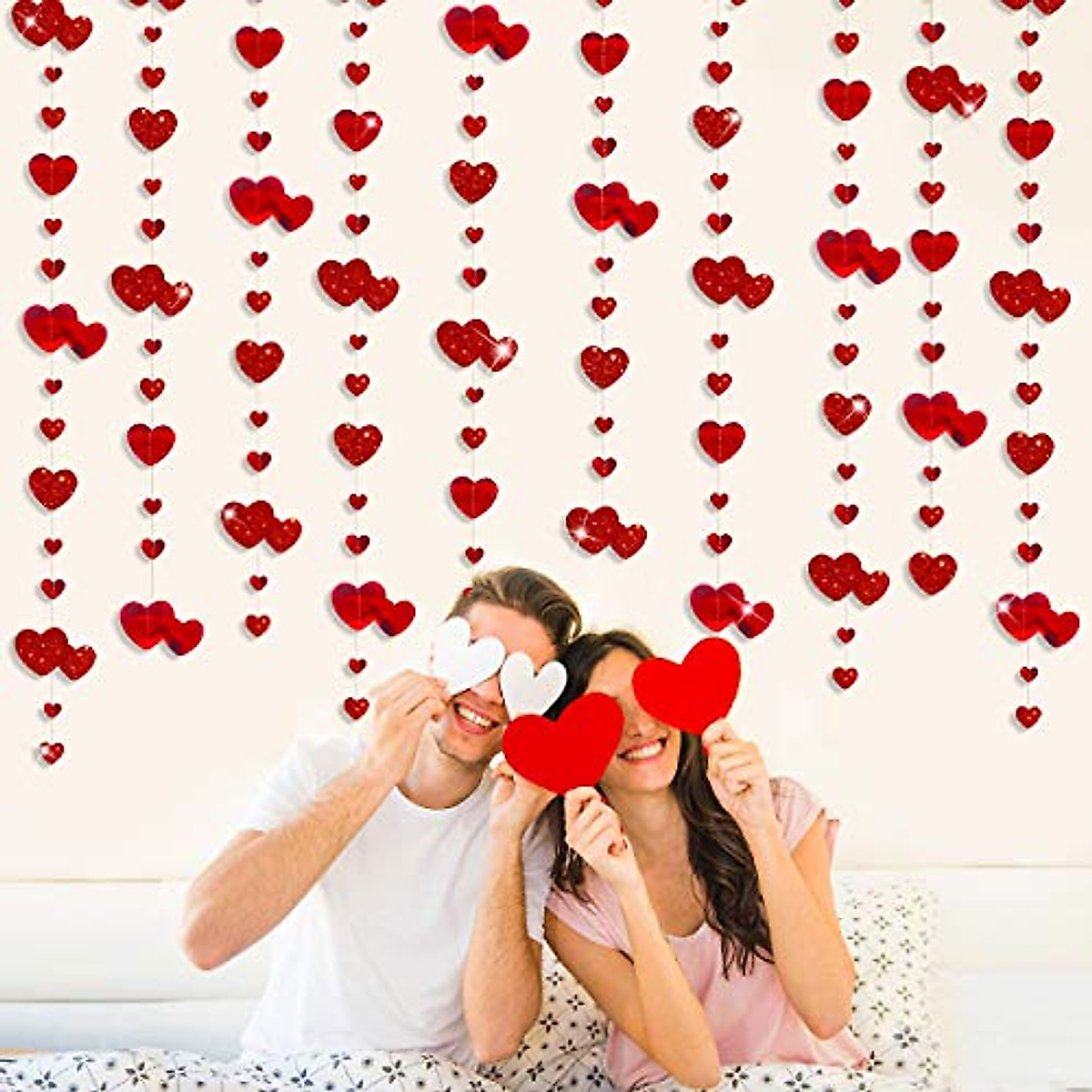 pinkblume 52Ft Red Heart Garland Metallic Glitter Hanging Heart Streamer Banner for Anniversary Mother's Day Valentines Day Engagement Wedding Bridal Shower Bachelorette Hen Party Decorations Supplies