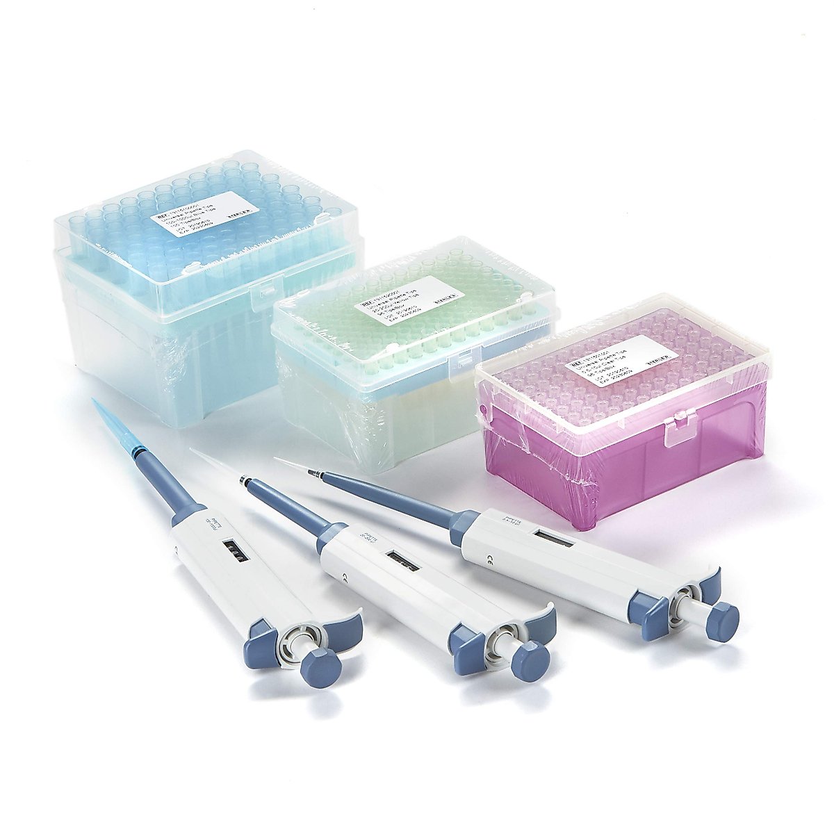 Set of 3 Variable Volume Single Channel Pipettes, Adjustable Pipettors, 0.5-10 µl, 10-100 µl, 100-1000 µl with 3 boxes of sterile pipette tips
