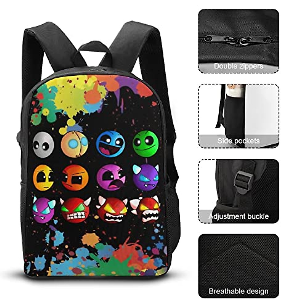 ONBJKPLG Geometry Dash Anime Backpack 17 Inch Cute Funny Bookbag Casual Laptop Daypack for Travel Picnic Camping