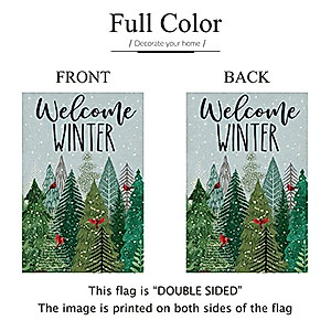 ORTIGIA Welcome Winter Pines Tree Garden Flag Christmas Tree Burlap Vertical Double Sided Winter Forest Cardinal Red Bird Yard Flag for Outside Xmas Farmhouse Seasonal Outdoor Flag 12x18 Inch
