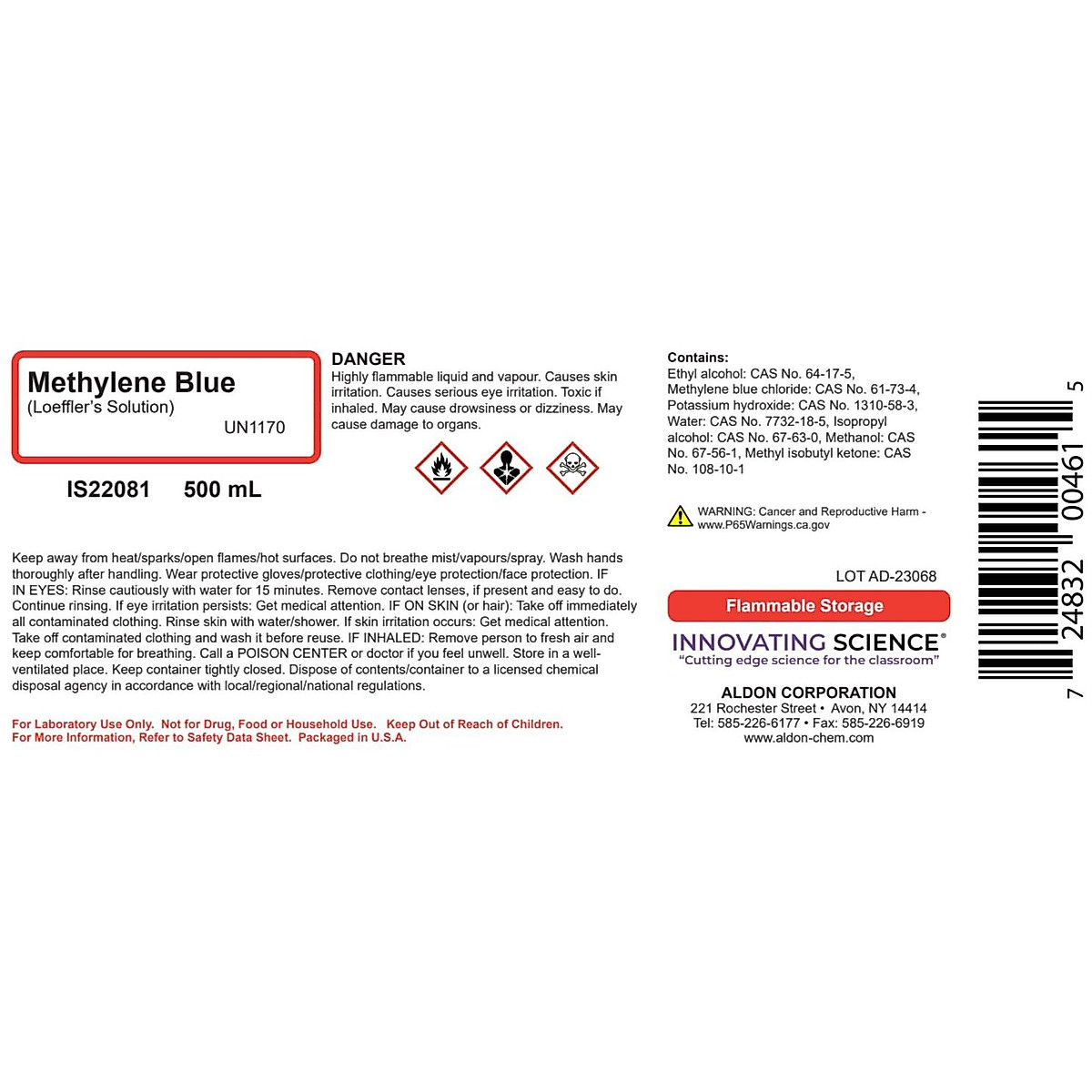 ALDON Innovating Science Methylene Blue (Loeffler's) Solution, 500mL - The Curated Chemical Collection