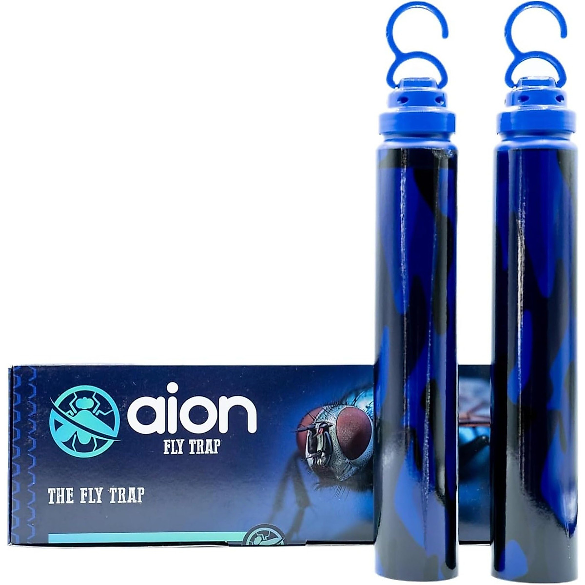 Aion Outdoor Fly Traps with Natural Bait Attractant and Hanging Hooks for Trapping Fruit and Horse Flies, Gnats, and Flying Insects or Bugs, Patio, Camping, and Backyard Disposable Catchers, 2 Pack
