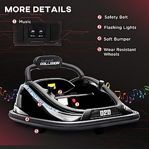 Aosom 12V Toddler Bumper Car with Remote Control, 360° Rotation Kids Electric Ride-On Toy, Twins Motor, Colorful LED Lights, 3 Songs, for Boys and Girls, Black