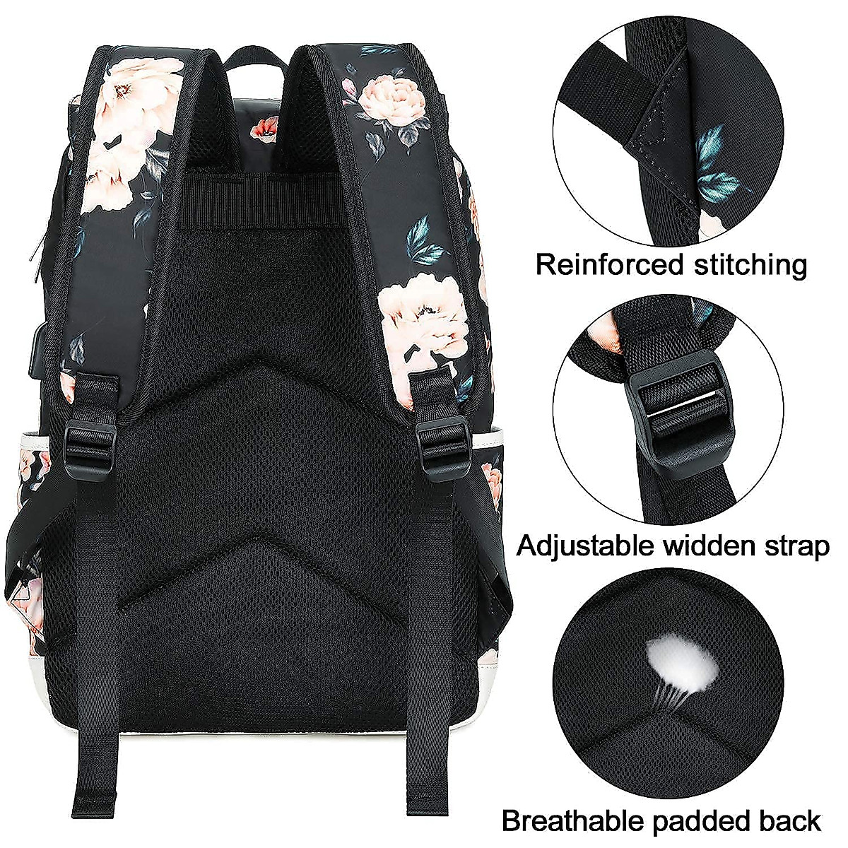 LEDAOU School Backpack for Teen Girls Laptop Backpacks 15.6 inch Floral Daypack Women Bookbag School Bag for College Travel (Floral Black)