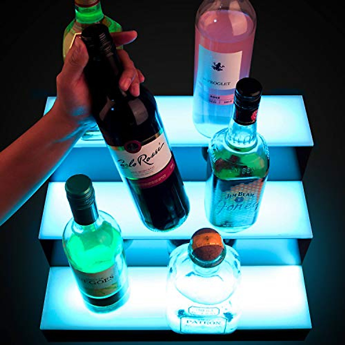 Savvy Life Selects LED Liquor Shelf– 3 Tier Bar Bottle Display – Colorful Light Bar Shelf – LED Colors & Light Effects – Lighted Liquor Shelves with Plug – Remote Control and Spouts Included