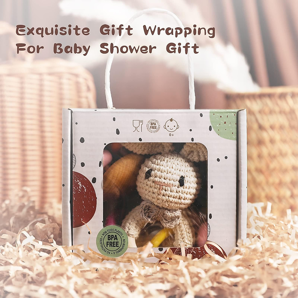 Wooden Baby Rattle Toys 5 PCS Rattle Set for Babies 0-6-12 Months Safari Animals Crochet Rattle Ring with Gift Box Wooden Montessori Toy for Newborn Infant Baby