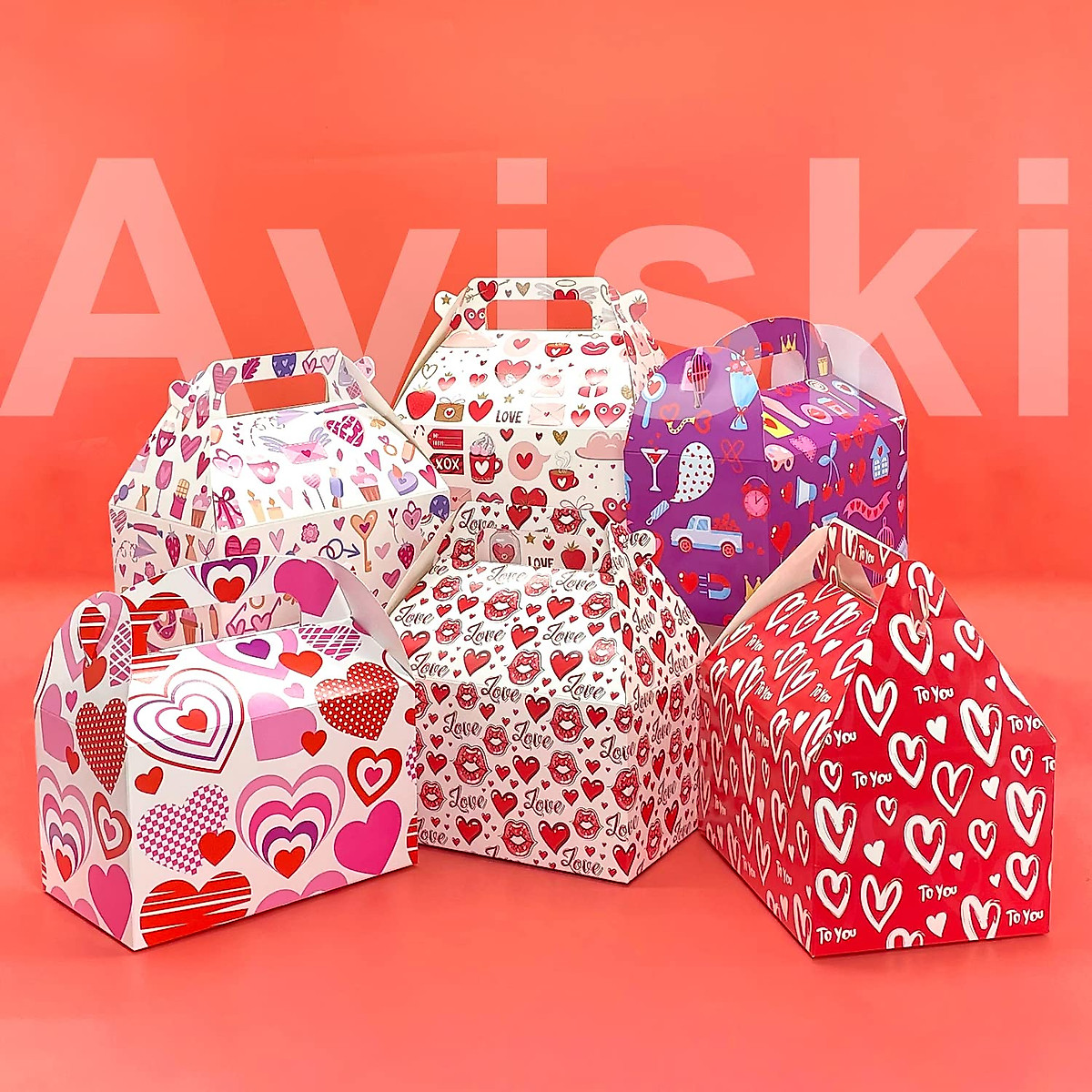 Aviski 12Pcs Valentine's Day Treat Boxes Small Goodie Present Boxes Recycled Party Favor Boxes Heart Printed Cardboard Box for Candy, Cookies and Party Favors, 6 Patterns