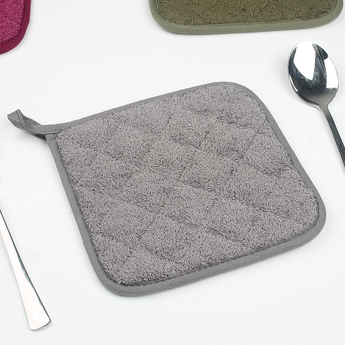 100% Cotton Kitchen Everyday Basic Terry Pot Holder Heat Resistant Coaster Potholder for Cooking and Baking Set of 5 Grey