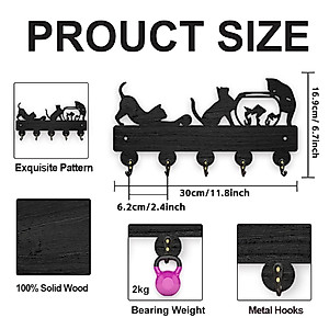 BEUNITONE Cat Wooden Key Holder Animal Key Hanger 11.8x7.9 Cat Fish Decorative Key Holder Rack Wall Mounted Wood Key Display Holder with 5 Hooks and Screws for Entryway Kitchen Hallway Office