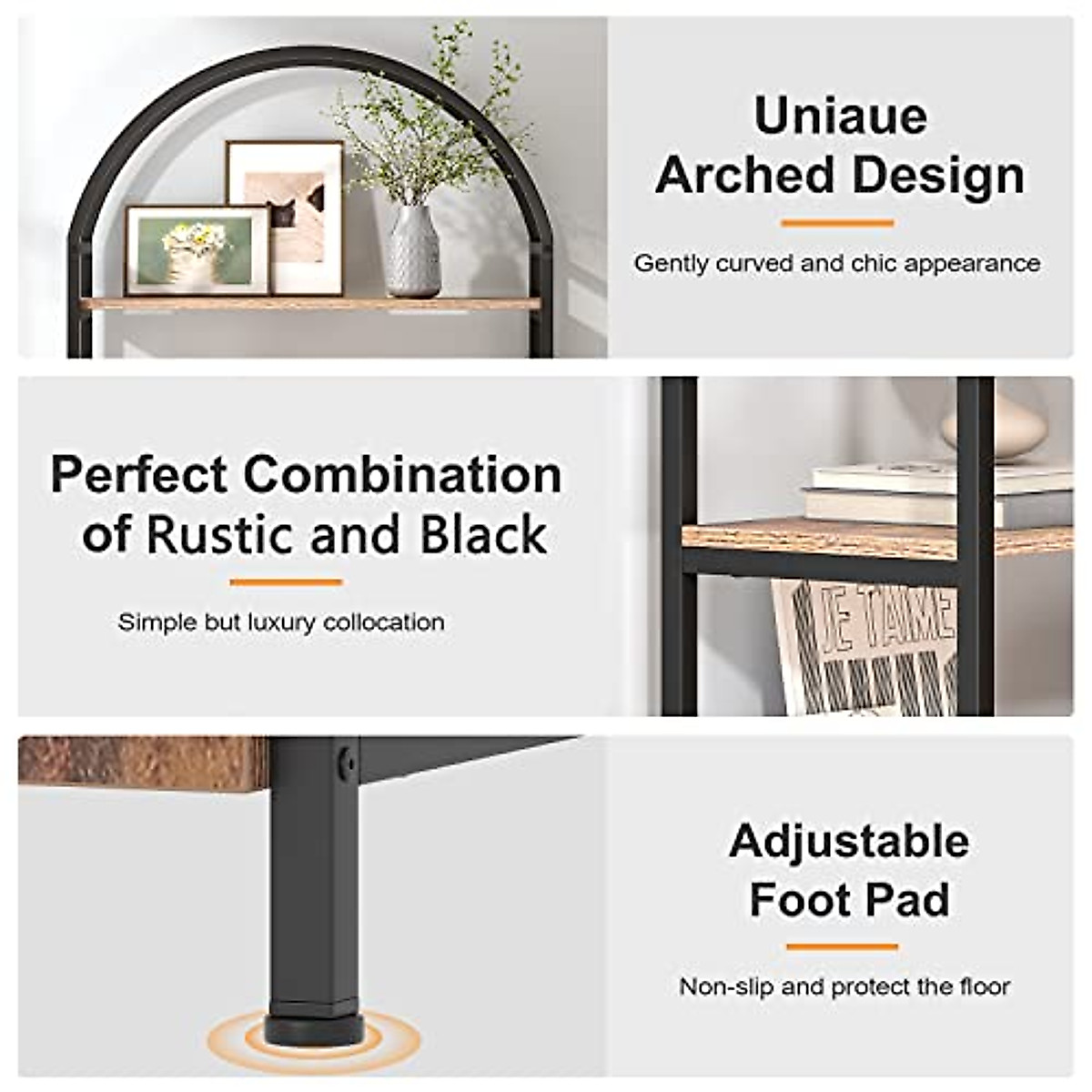 Jehiatek Arched Bookshelf, Bookcase with Doors Storage, 71 Inches Tall Industrial Book Shelf with Sturdy Metal Frame, E1 Quality Boards, Freestanding Display Shelving Unit, Black and Rustic